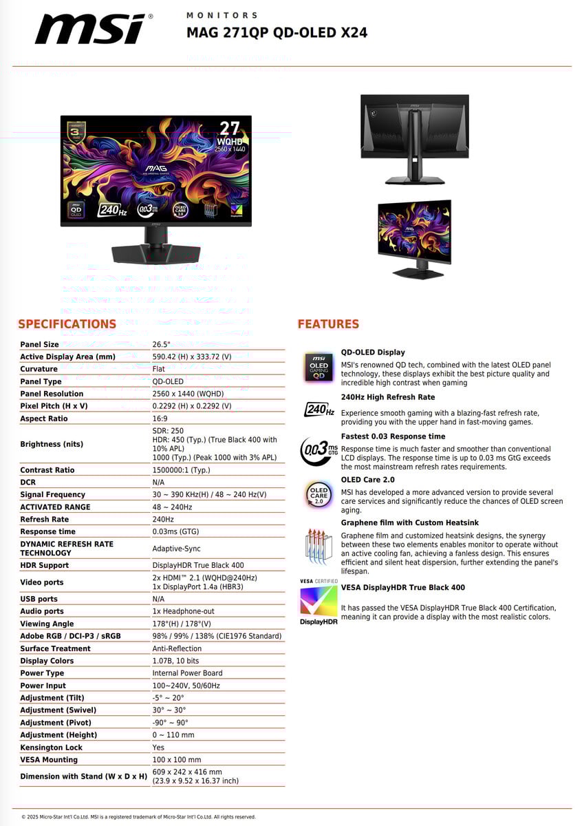 MSI MAG 271QP X24 : nouveau moniteur de jeu OLED 27 pouces abordable ...